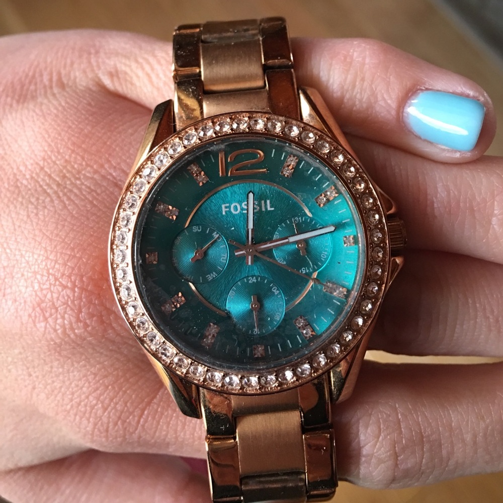 Gold Fossil Watch With Teal Blue Face - Gem